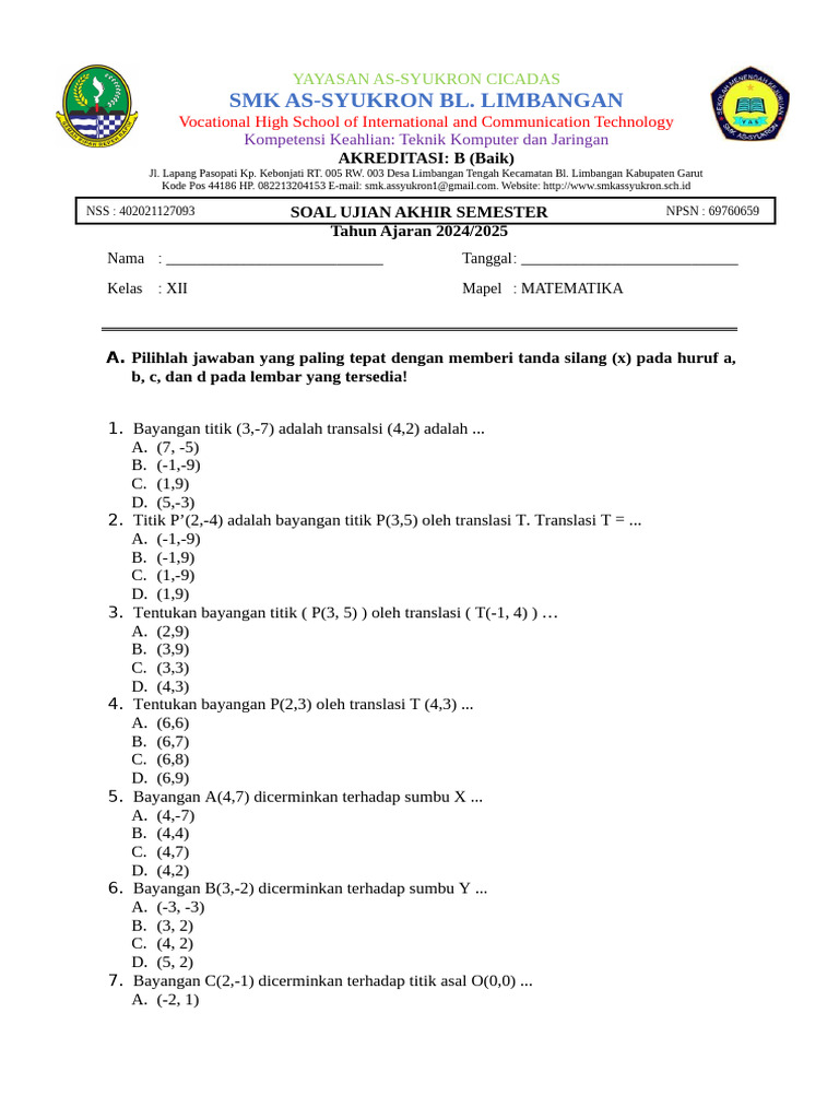 SOAL MATEMATIKA PSAS GANIL KELAS XII | PDF