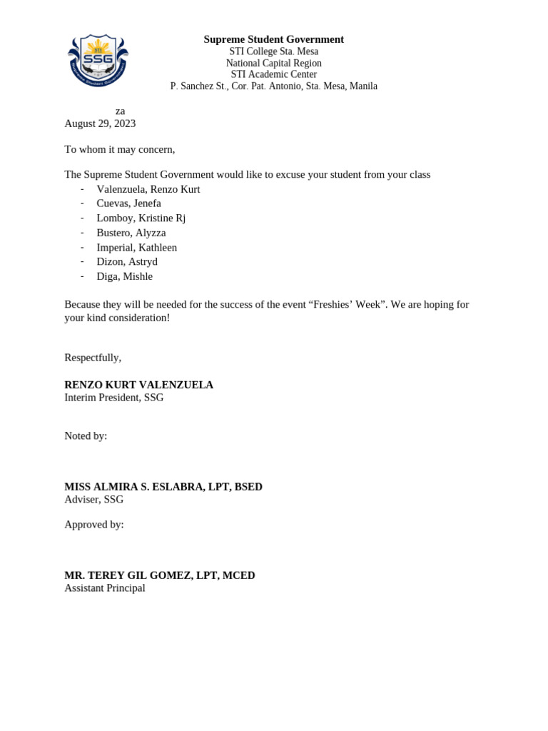 Excuse Request for Freshies' Week Event | PDF