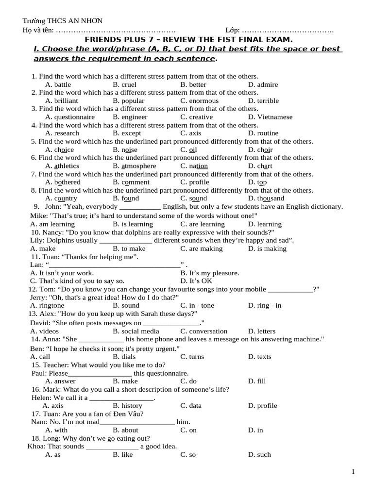 Friends Plus 7 Final Exam Review | PDF