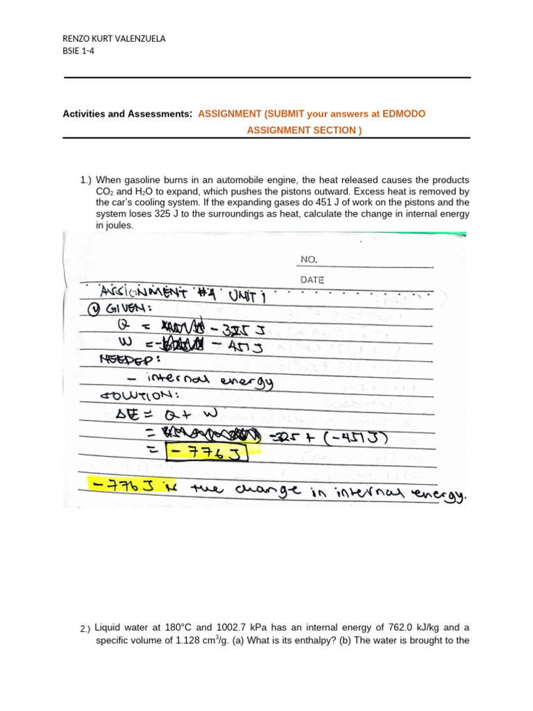 R.val - Assessments Lesson 4 Unit 1 The First Law of Thermodynamics | PDF