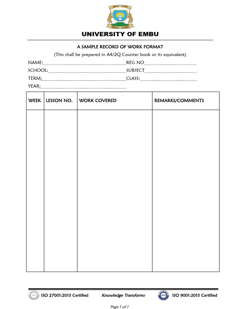 Students Record of Work Format 1 064257 | PDF