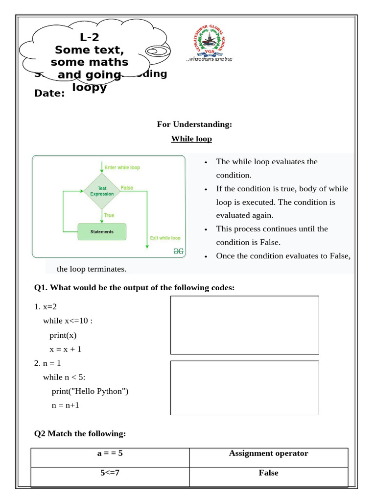 Class L-2 Some text, some maths and going loopy - WS2 | PDF