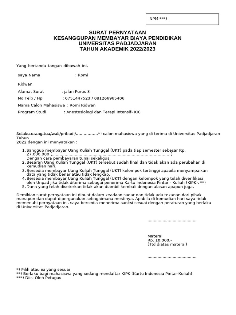 Surat Pernyataan Kesanggupan Membayar Biaya Pendidikan | PDF