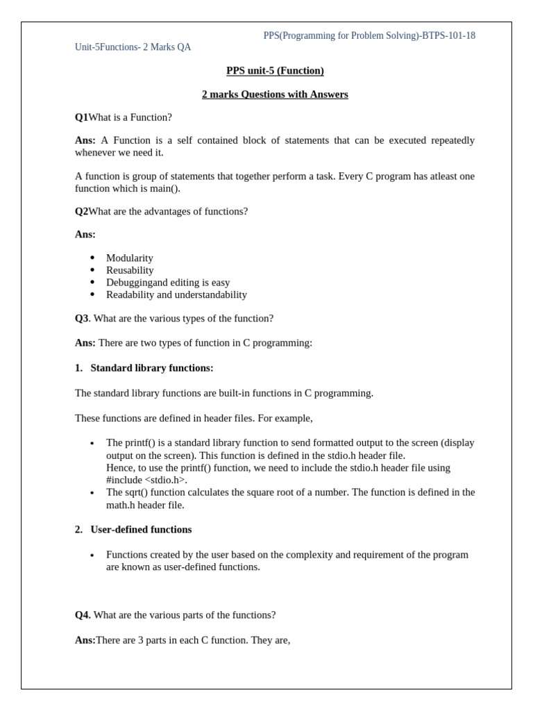 Pps Unit 5 -2 Marks Ques With Ans | PDF | Parameter (Computer Programming) | Software Development