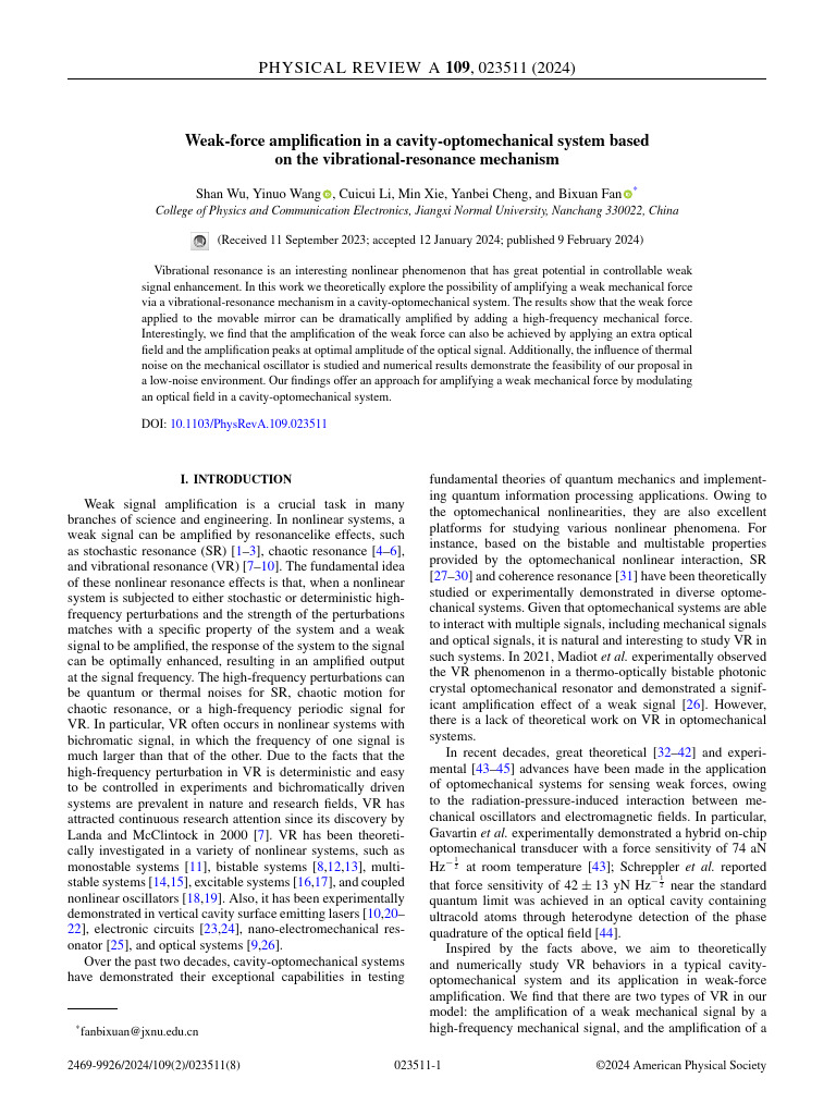 Weak-Force Amplification in A Cavity-Optomechanical System Based On The ...