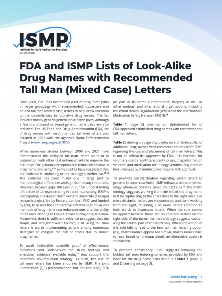 ISMP Tallman Letters 012523 MS5087 | PDF | Food And Drug Administration ...