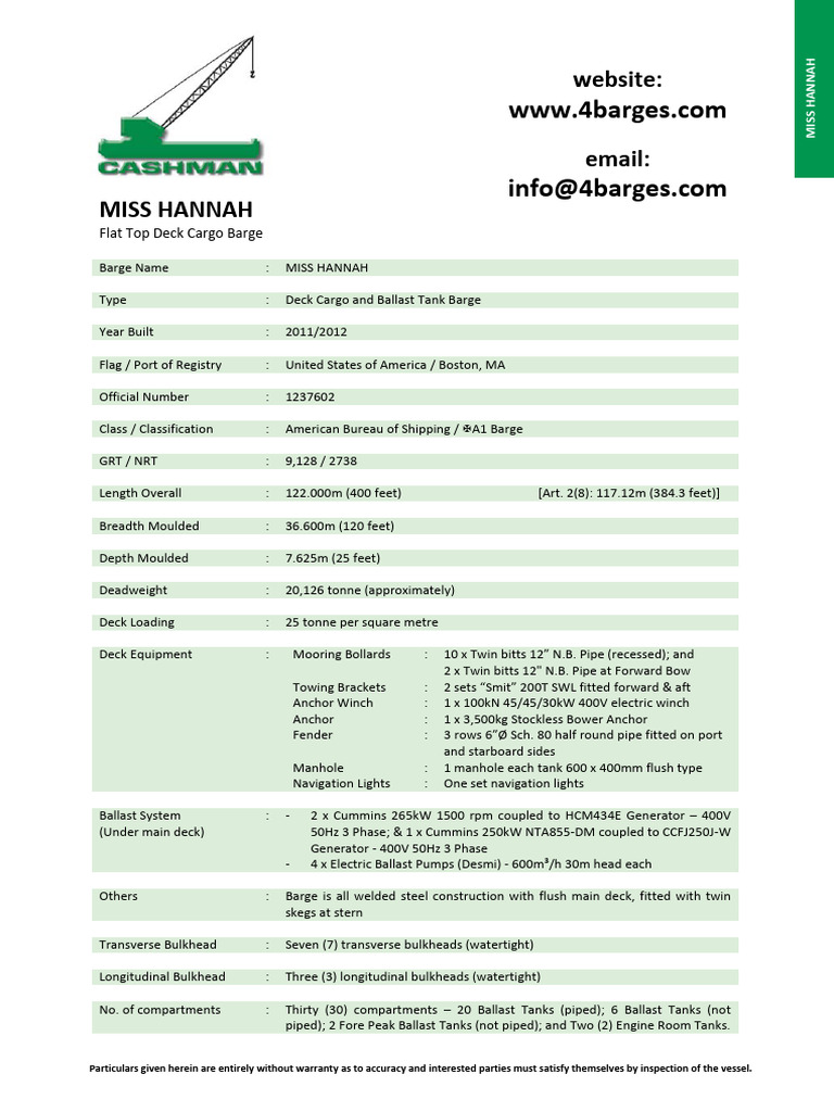 Miss Hannah Cargo Barge Specifications | PDF | Anchor | Deck (Ship)