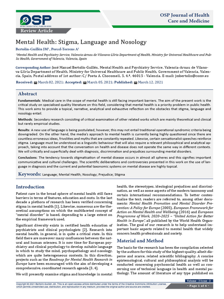 Mental Health: Stigma, Language and Nosology. | PDF | Social Stigma ...