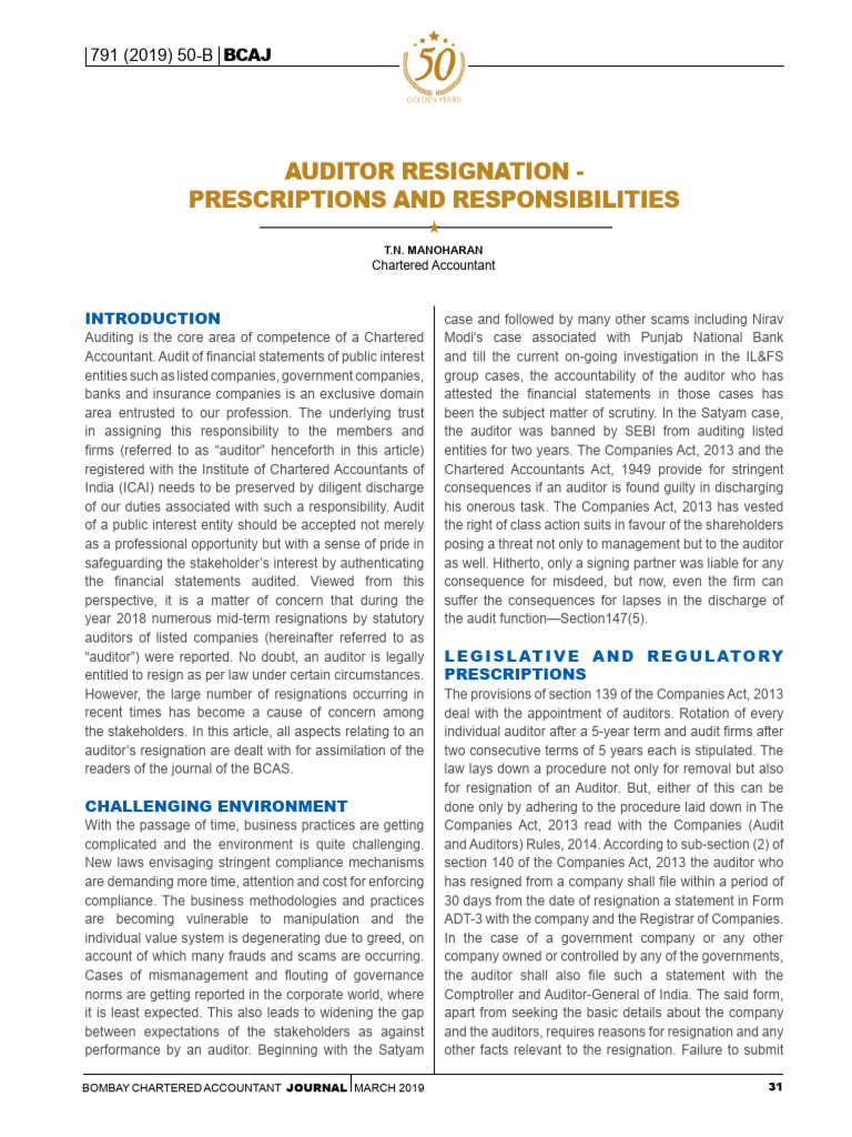 Article - T N Manoharan - Mar 2019 | PDF | Auditor's Report | Audit