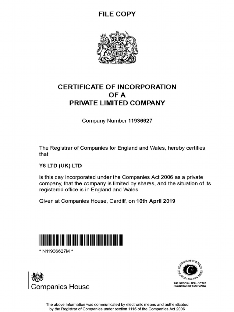 Y8 LTD - Incorporation Certificate | PDF