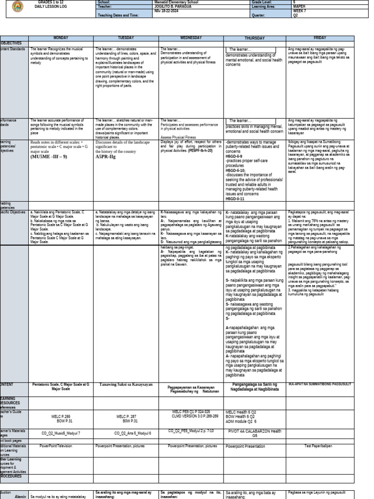 DLL MAPEH Q2 Nov.18 22 2024 | PDF