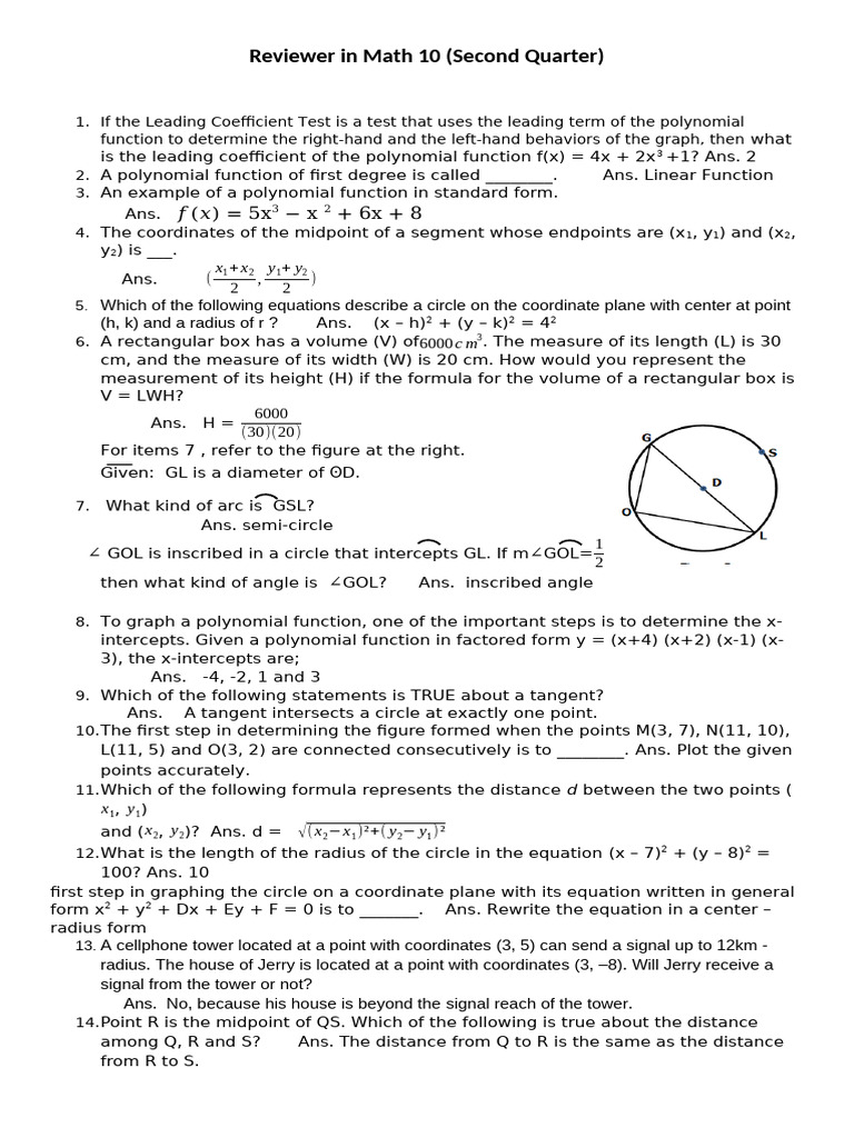 Reviewer in Math 102nd Quarter | PDF | Circle | Polynomial
