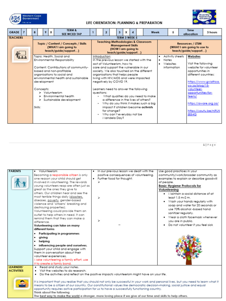 Lesson Plan Grade 9 Life Orientation Term 3 Week 5 | PDF ...