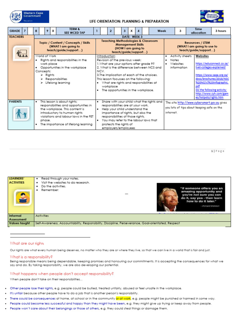 Lesson Plan GET SP Grade 9 Life Orientation Term 3 Week 3 | PDF ...