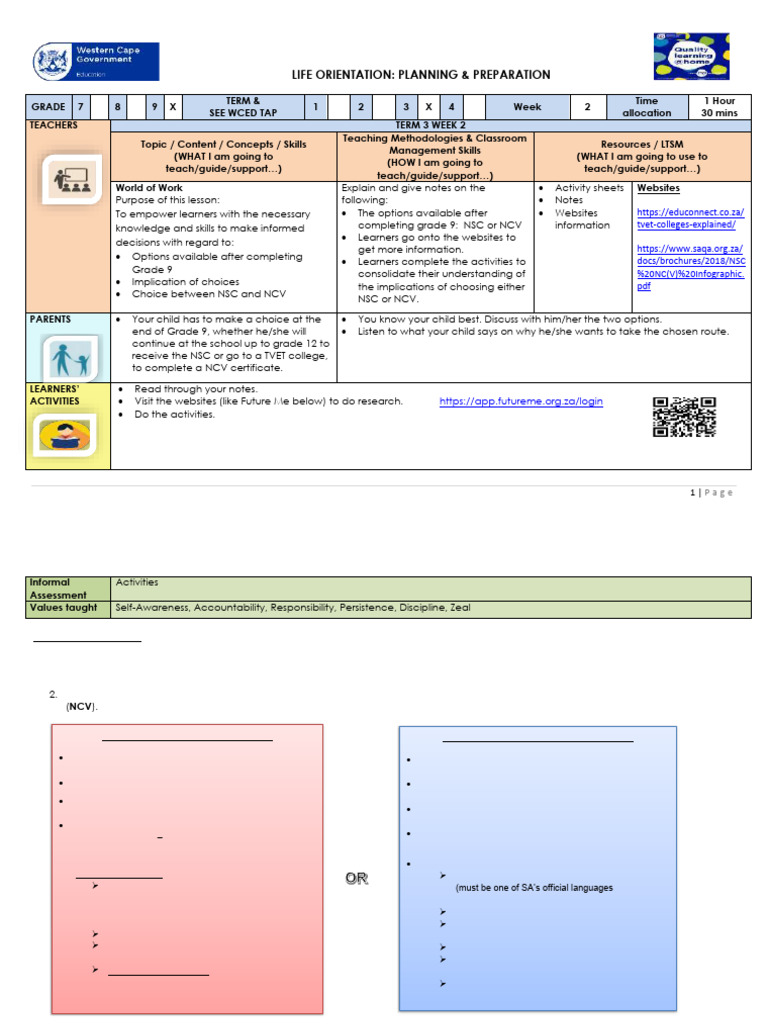 Lesson Plan Gr. 9 Life Orientation T3 W2 | PDF | Vocational Education | Learning