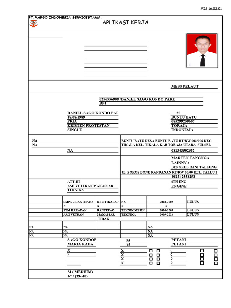 FORM Aplikasi Kerja DANIEL SAGO KONDOPARE2 | PDF