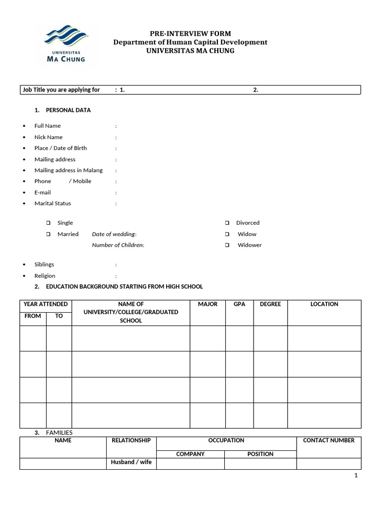 2015-PRE INTERVIEW FORM-UNIVERSITAS MA CHUNG | PDF | Business | Social ...