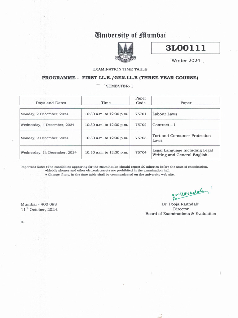 Timetable For LLB 3 Years Winter 2024 | PDF