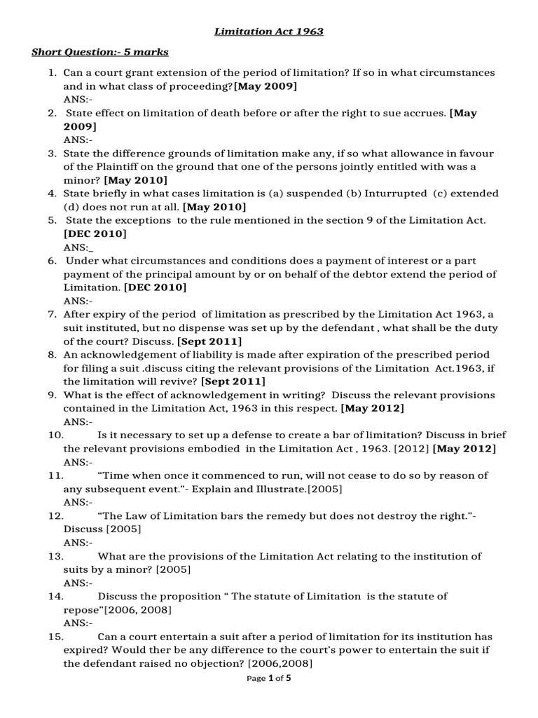 LIMITATION ACT-Sample Ques | PDF | Lawsuit | Mortgage Law