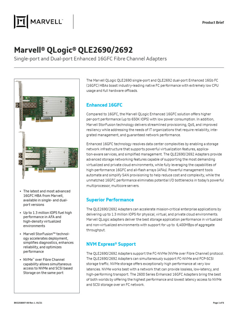 Marvell Fibre Channel Adapters Qlogic Qle2690 Qle2692 Datasheet | PDF | Computer Network ...
