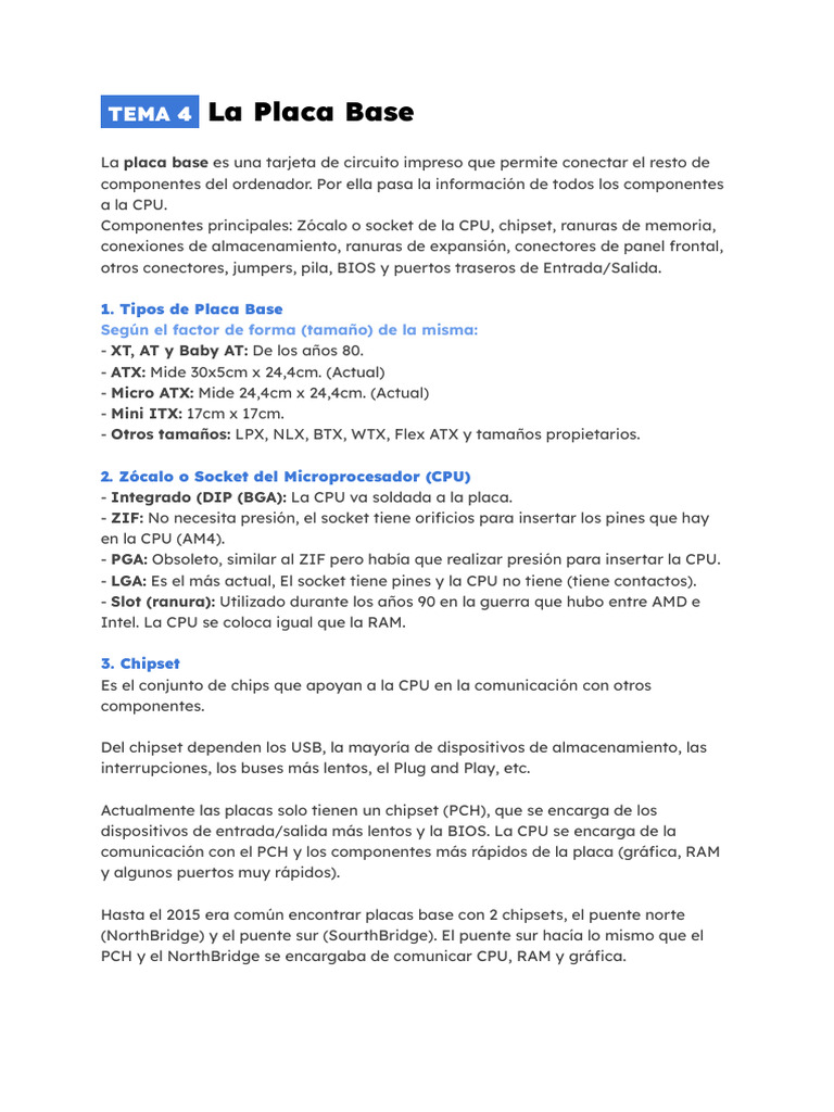 TEMA 4 - La Placa Base (1) | PDF | Memoria de acceso aleatorio | Unidad de estado sólido