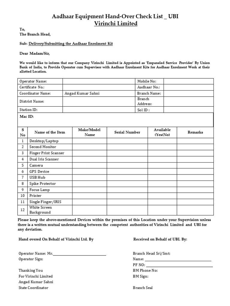Kit Handover Form | PDF