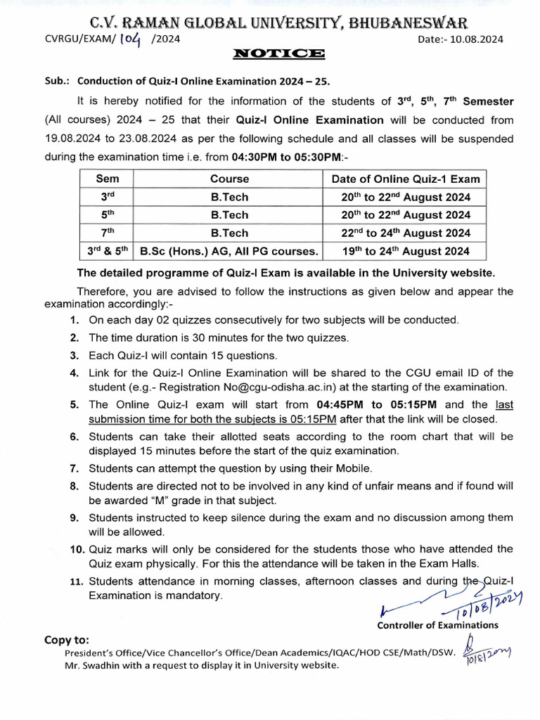 Notice For Quiz-I of 3rd, 5th, 7th Sem B.Tech, B.SC (AG) & PG Courses ...