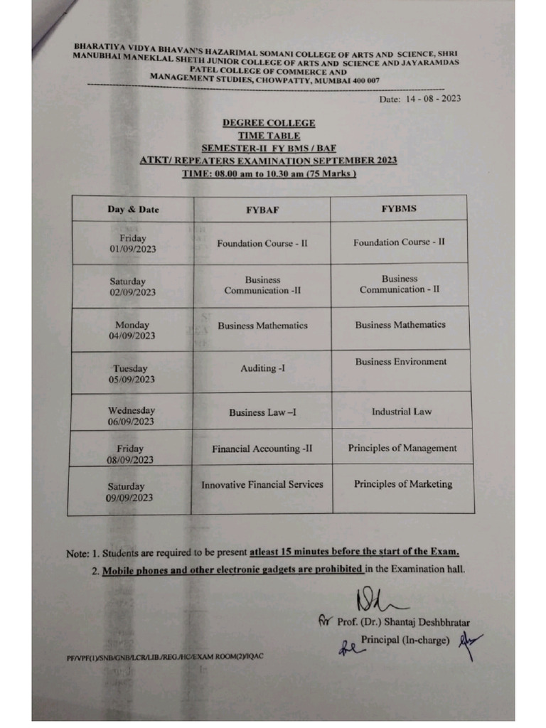Sem II ATKT September 2023 FY BMS BAF Timetable | PDF