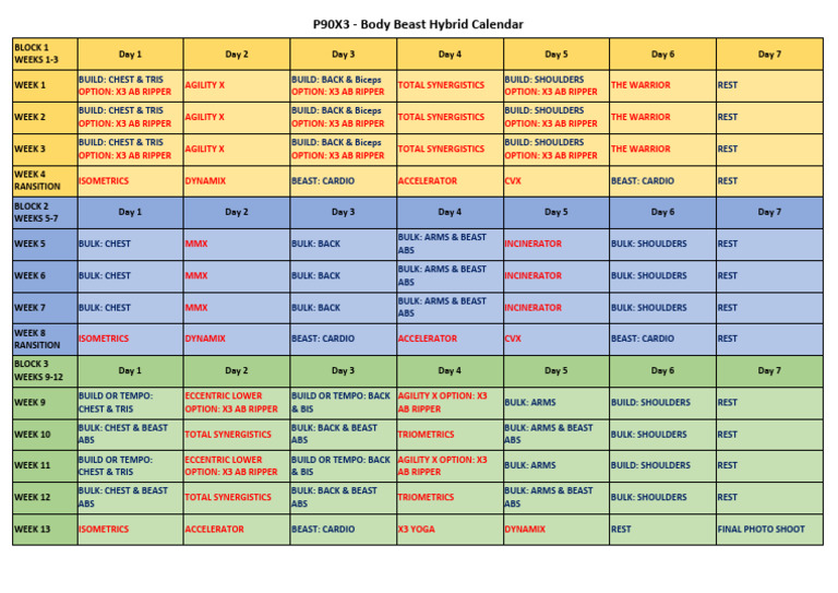 P90X3-Body-Beast-Hybrid-Calendar | PDF