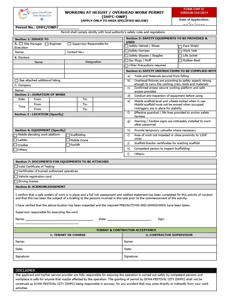 Working at Height - Overhead Work Permit | PDF | Scaffolding | Safety
