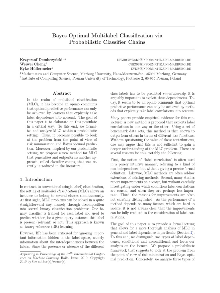 Bayes Optimal Multilabel Classification via Probabilistic Classifier ... Bayes Optimal Multilabel Classification via Probabilistic Classifier ...
