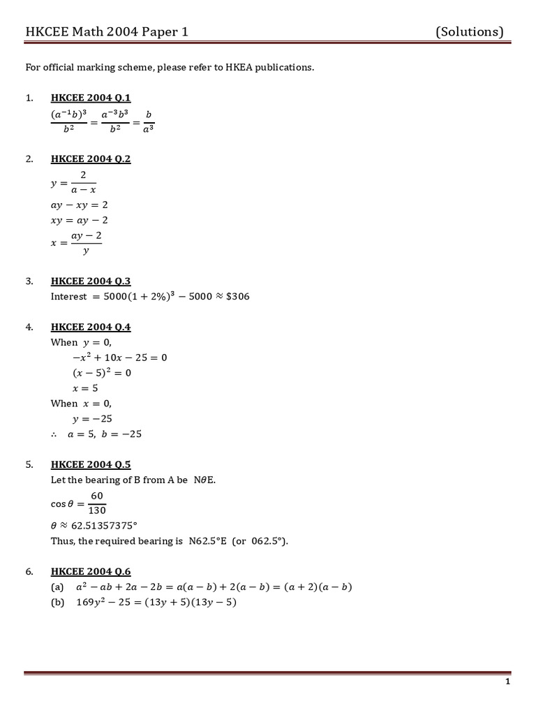 15 Hkcee Math 2004 Paper 1 Solution Only | PDF