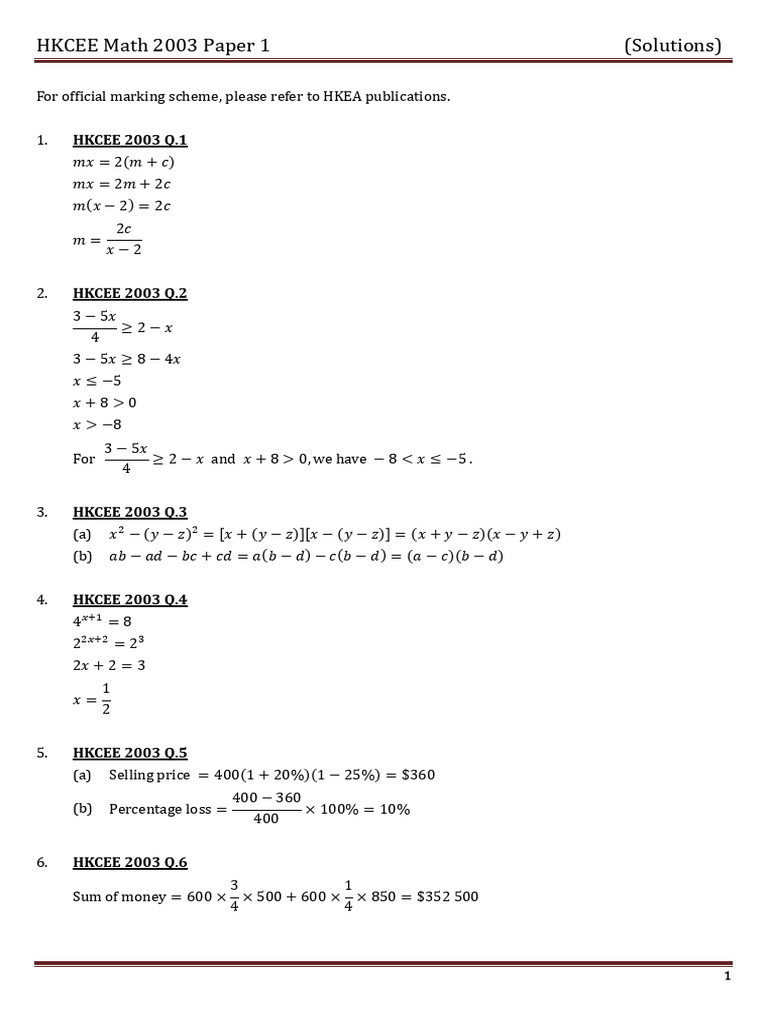 14 Hkcee Math 2003 Paper 1 Solution Only | PDF | Student Assessment And ...