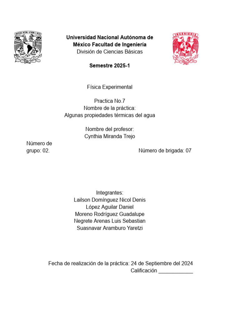 Lab Fis Exp Gpo 02 Rep Prac 7 Brigada 7 | PDF | Temperatura | Capacidad ...