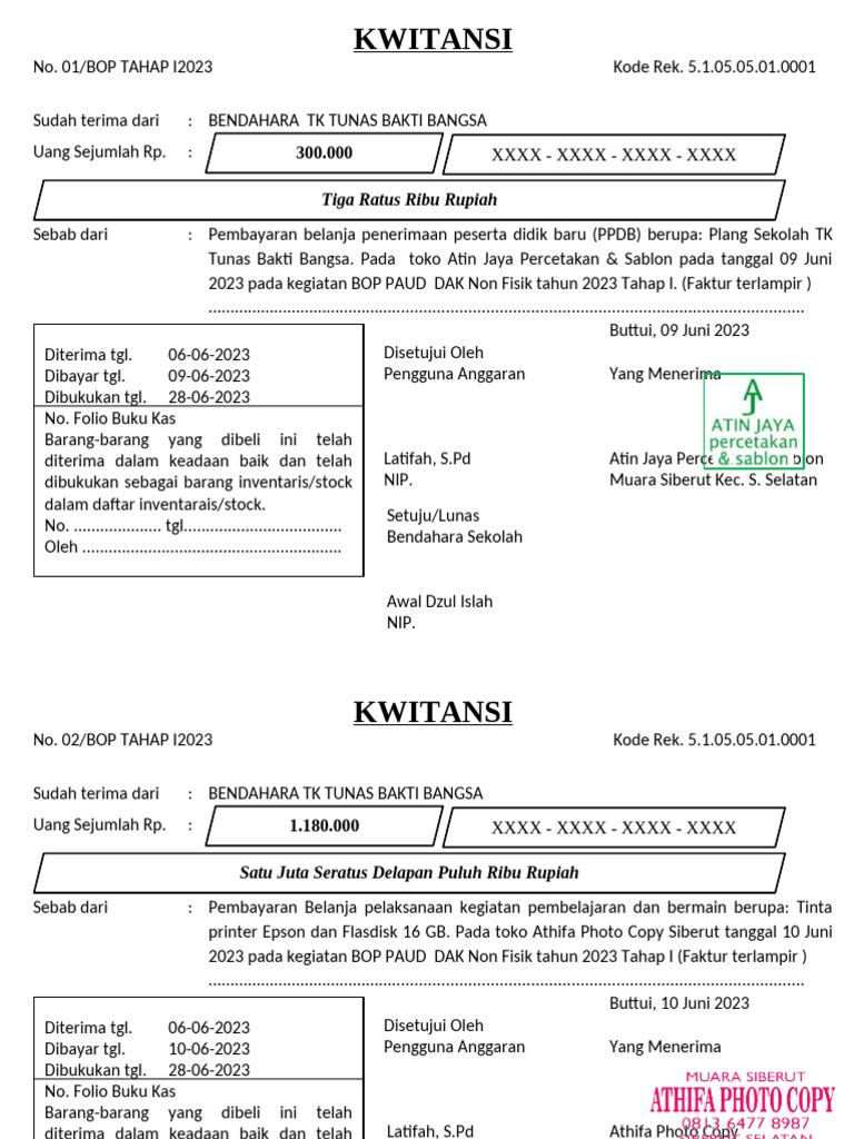 Kwitansi Bop TP 1 2023 | PDF