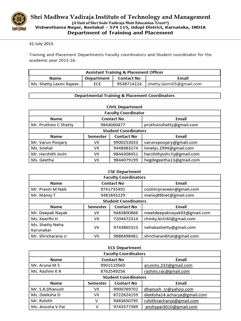 Training and Placement Department Faculty Coordinators and Student Coordinators | PDF