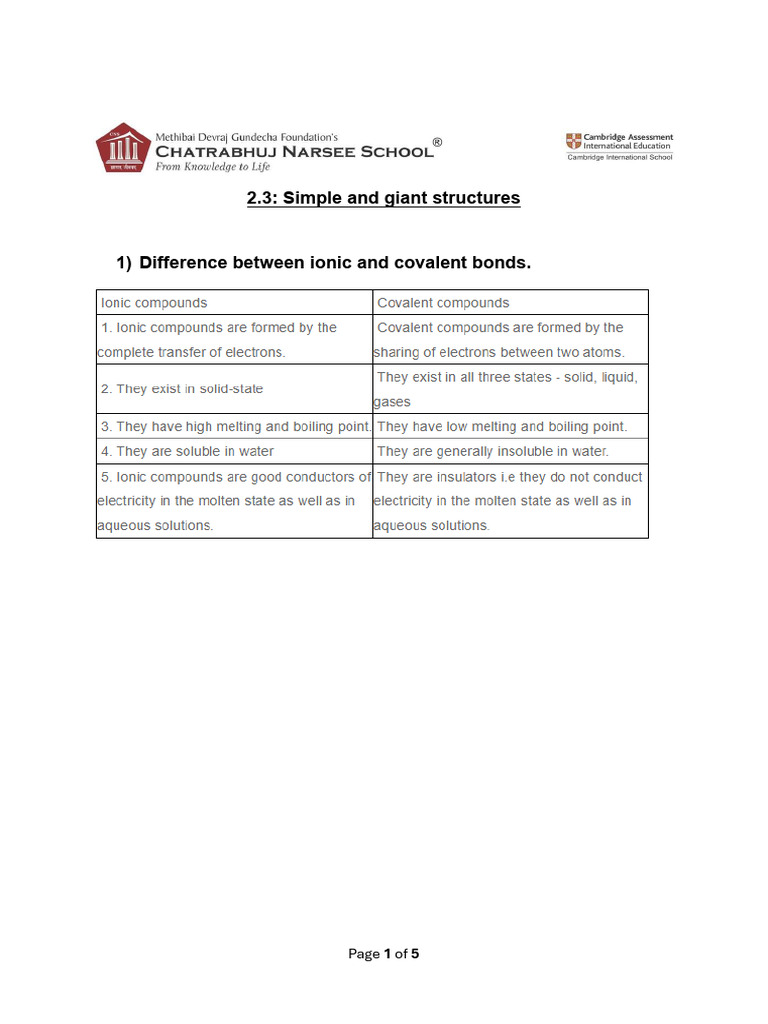 Giant and Covalent Structures | PDF | Carbon | Chemical Bond