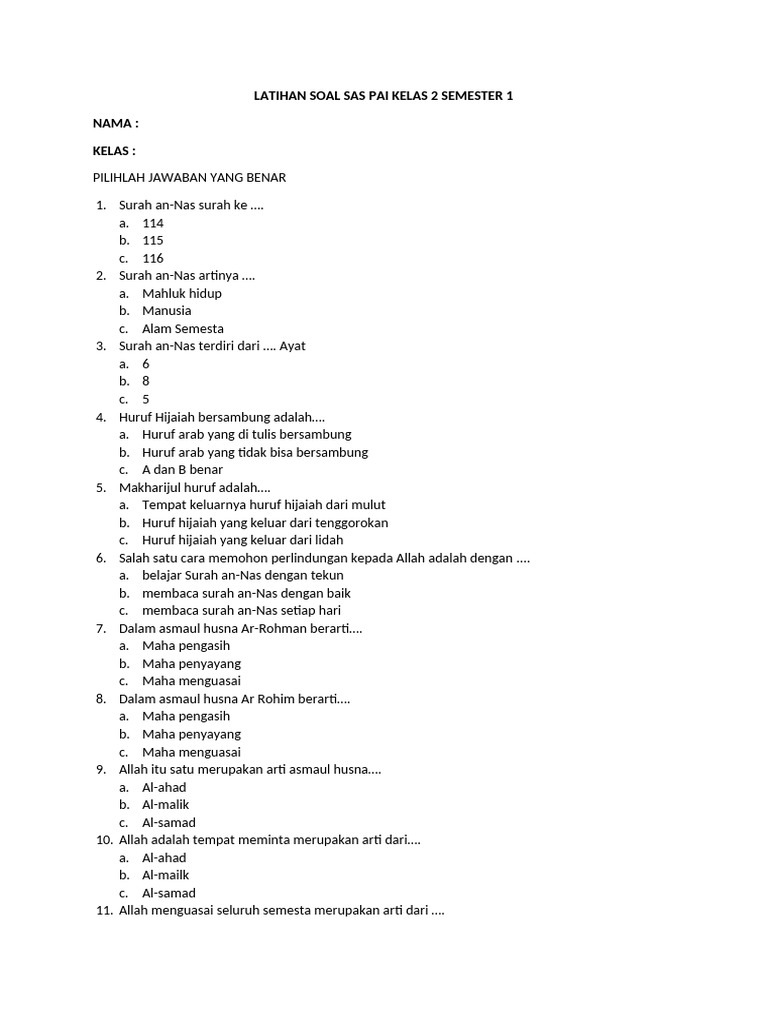 latihan soal PAI SAS kls 2 | PDF