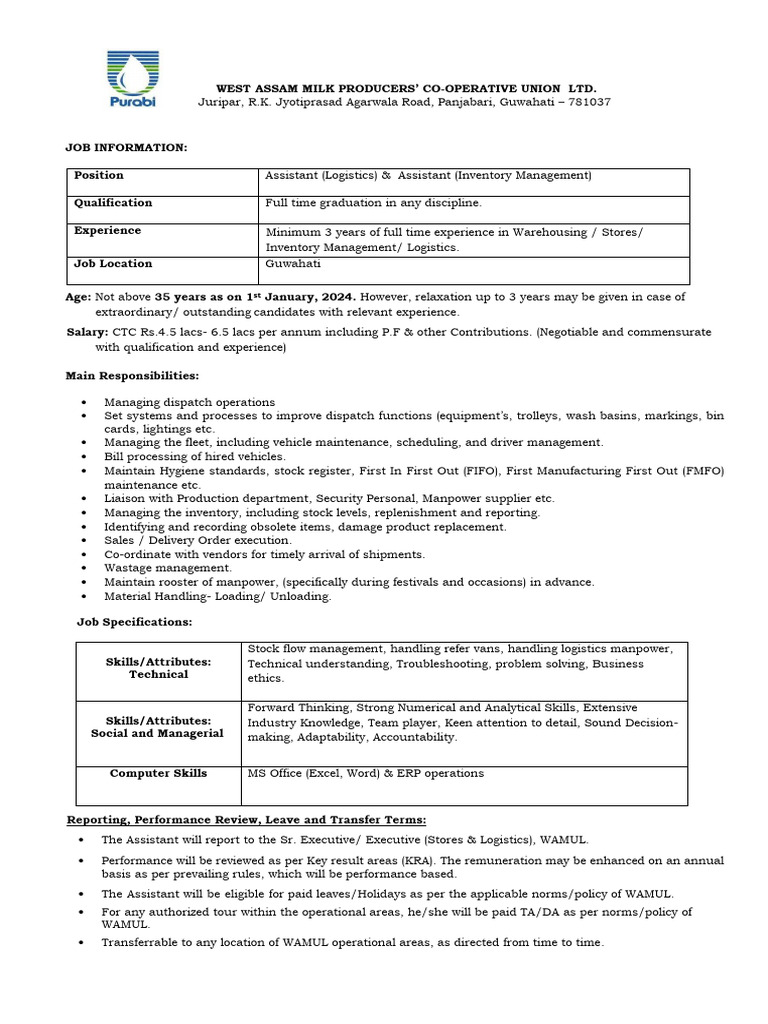 TOR Assistant | PDF | Logistics | Inventory