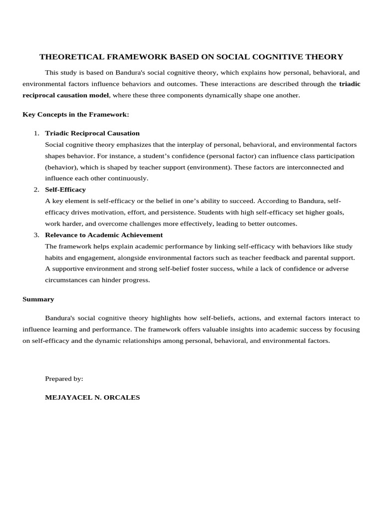 THEORETICAL FRAMEWORK BASED ON SOCIAL COGNITIVE THEORY | PDF