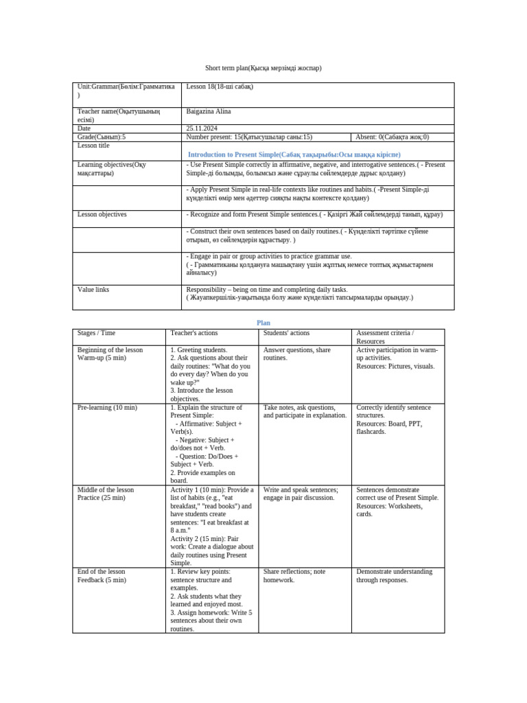 Present Simple Lesson Plan for Grade 5 | PDF | Question | Homework