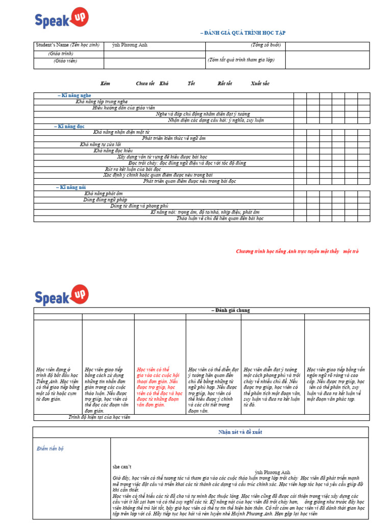 Learning Progress Assessment - Hu NH Phương Anh | PDF