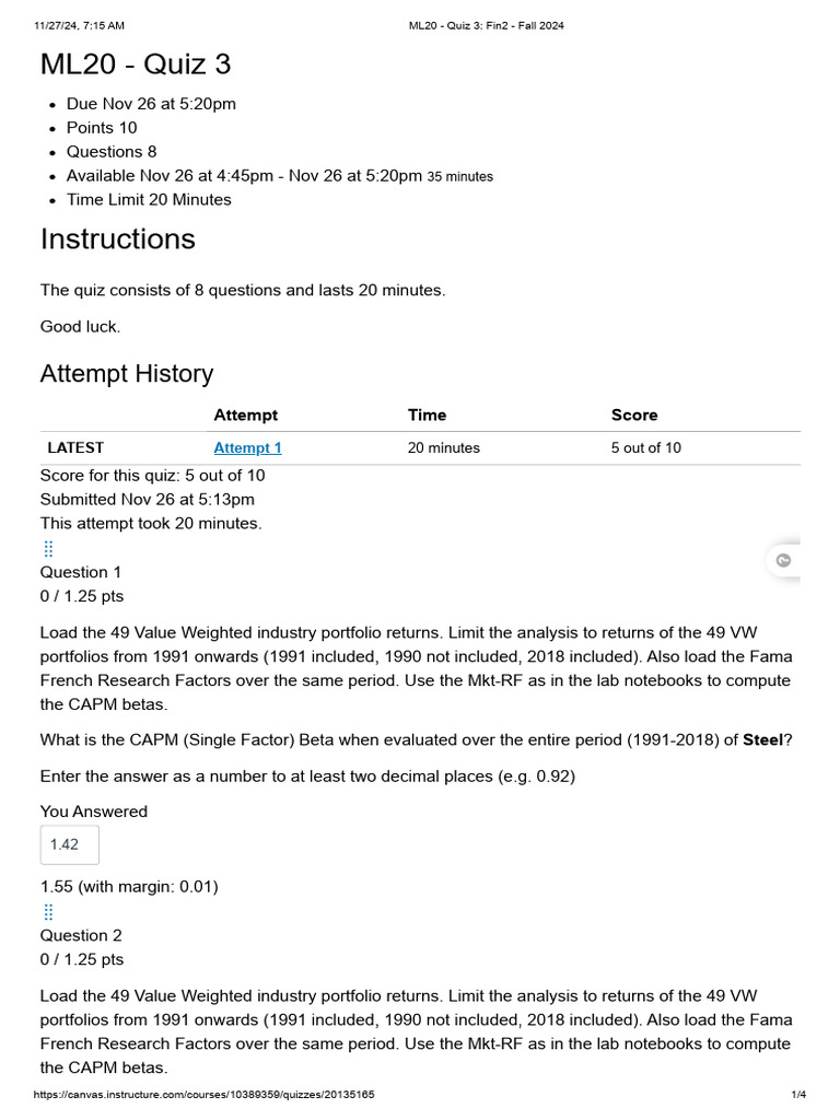 ML20-Quiz-3_-Fin2-Fall-2024 | PDF | Weighted Arithmetic Mean | Variance