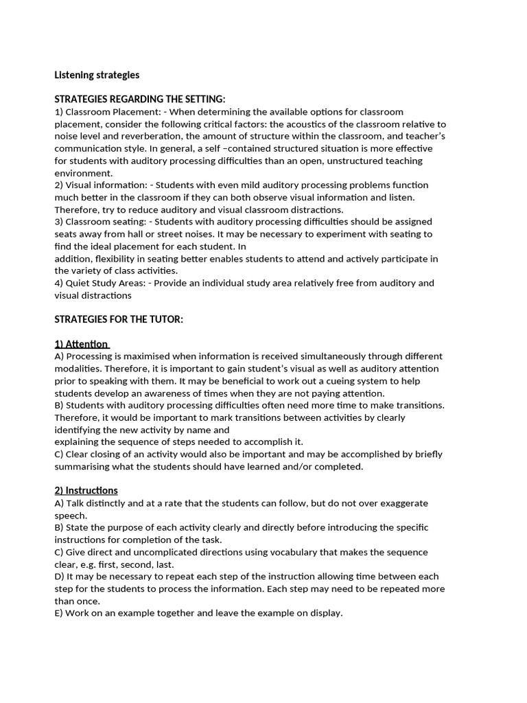 APD Listening Strategies Students 2024 | PDF | Classroom | Attention