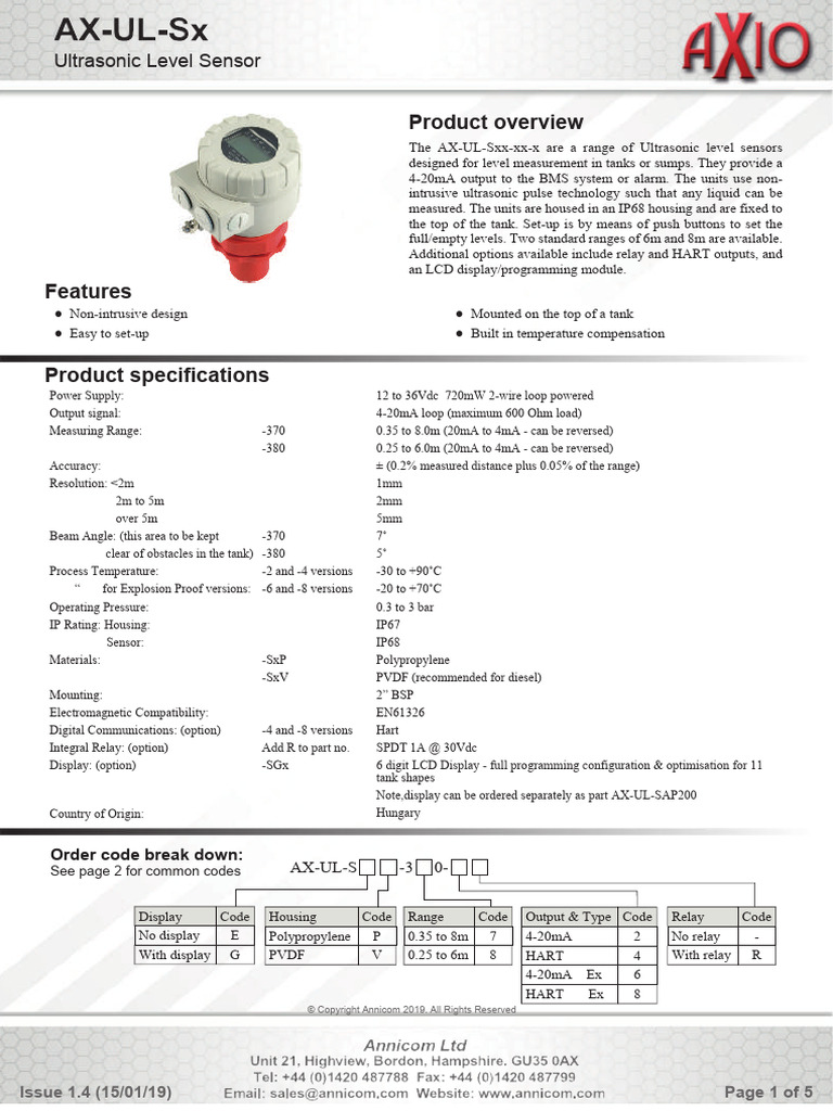Ultra Sonic Level Sensor - AX-UL-SEP-xx-x | PDF | Computer Engineering ...