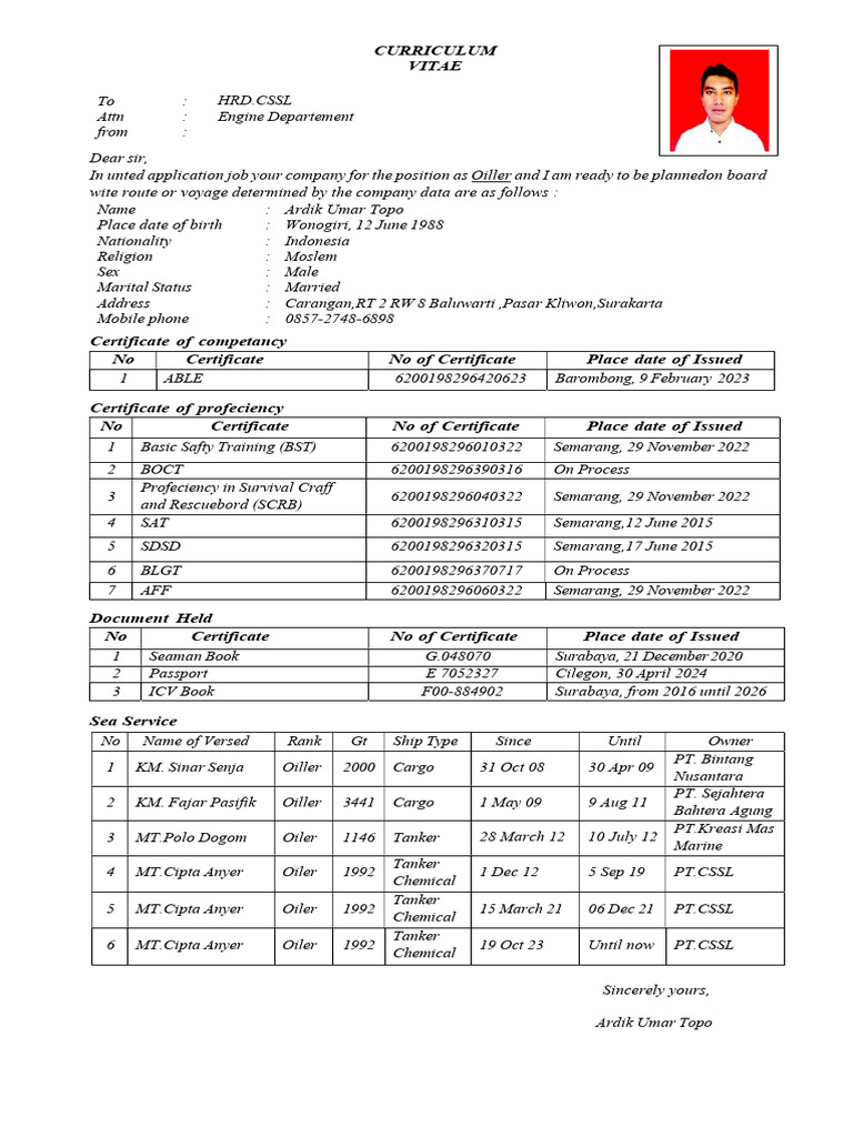CV ARDIK 2024 | PDF | Ship Types | Merchant Navy