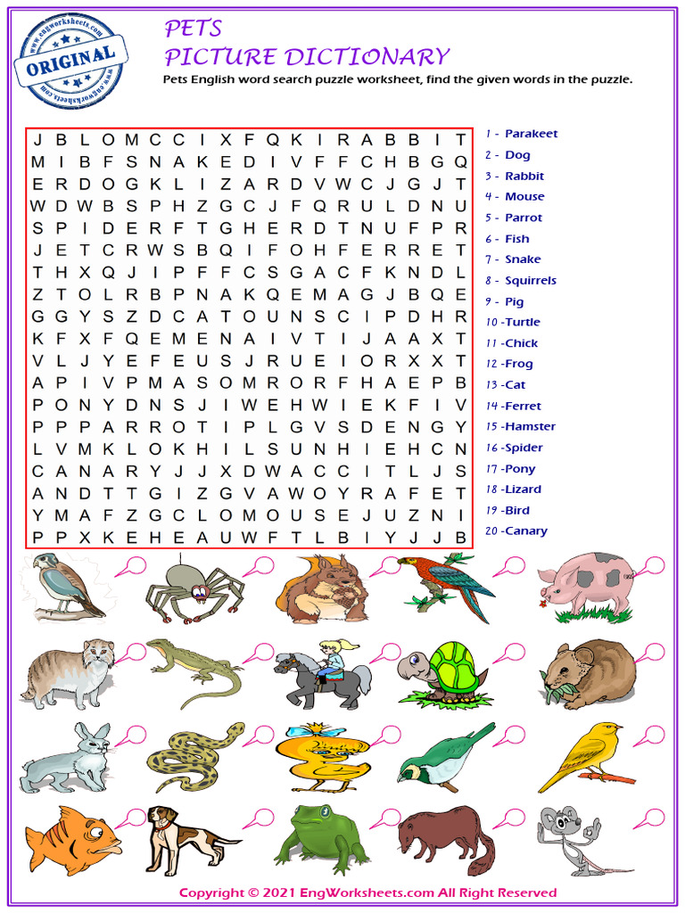 Pets English Word Search Puzzle Worksheet Find The Given Words in The ...