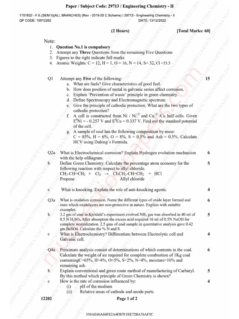 Be First Year Engineering Semester 2 2022 December Engineering Chemistry | PDF