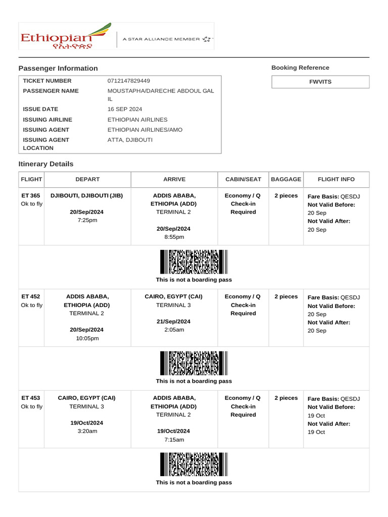 Electronic Ticket Receipt, September 20 for DARECHE ABDOUL GALIL MOUSTAPHA | PDF | Fee | Aviation