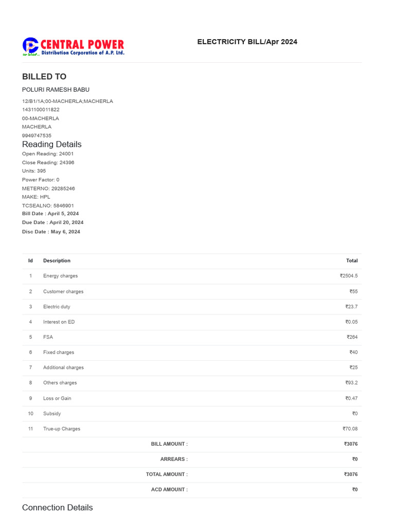 APCPDCL - Consumer Dashboard - MACHARLA | PDF